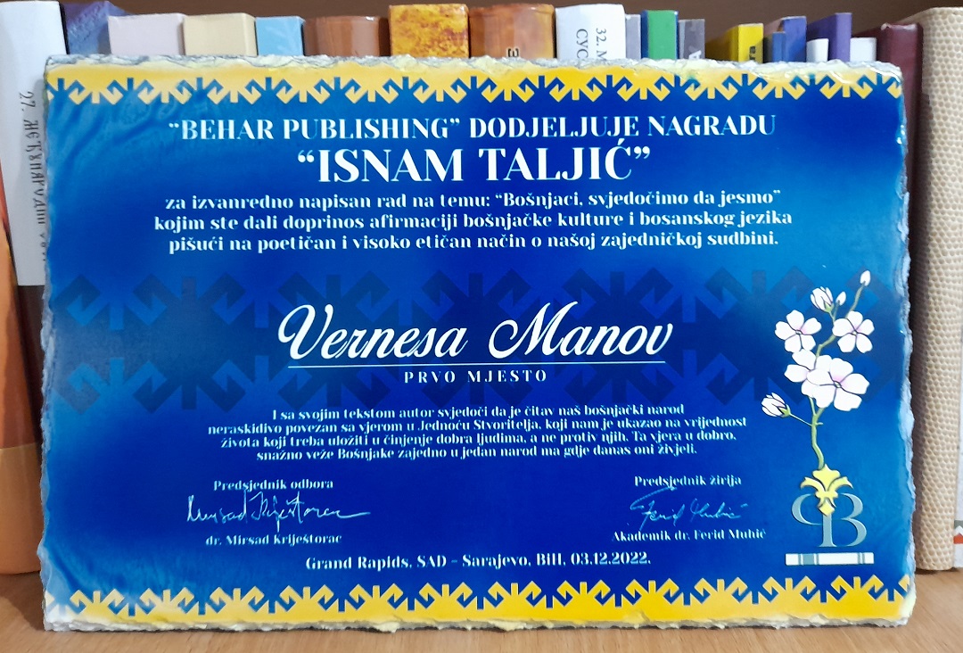 Književnica Vernesa Manov dobitnica je prve nagrade na svjetskom ...