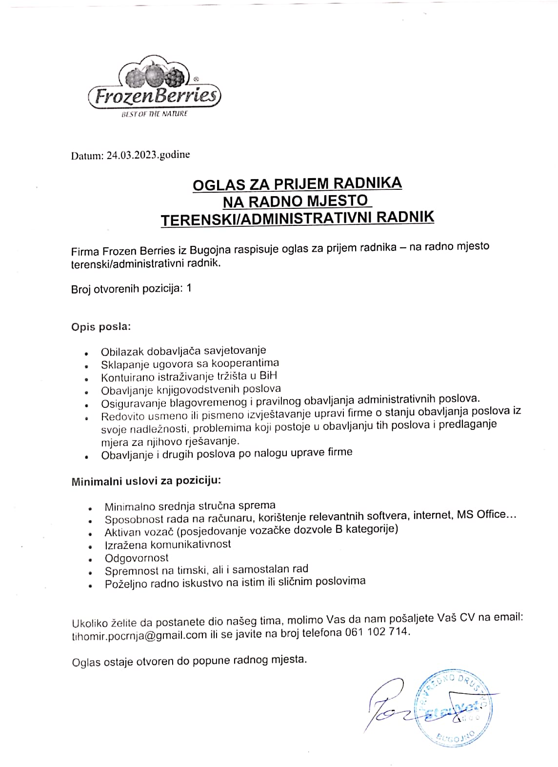 Oglas za prijem radnika na radno mjesto knjigovodstvo/administracija ...