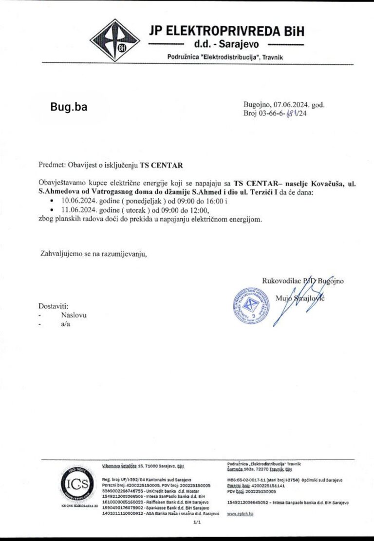 JP Elektroprivreda BiH: Obavijest o isključenju TS Centar - Bug.ba ...